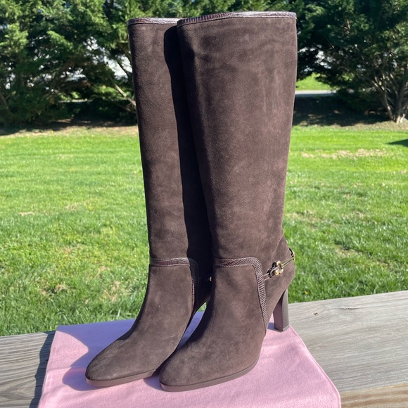 Escada | Shoes | Escada Brown Suede Heeled Boots W Gold Accents | Poshmark